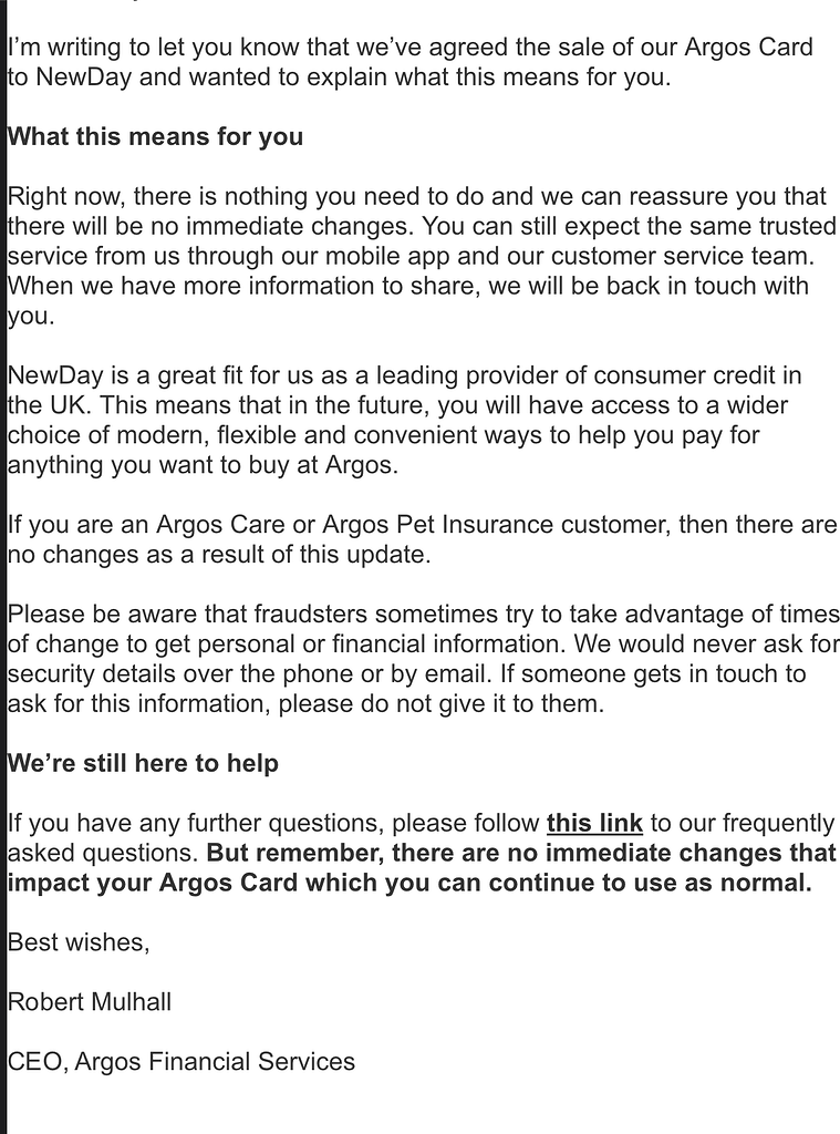 Argos Store card sold to NewDay - General Chat - Fintech Forum